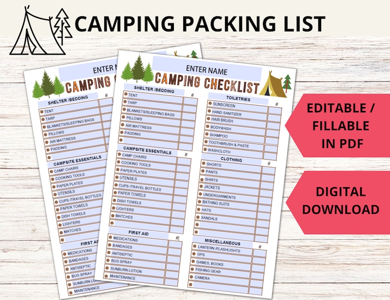 Editable Camping Packing List, Camping Trip Packing Checklist PDF ...