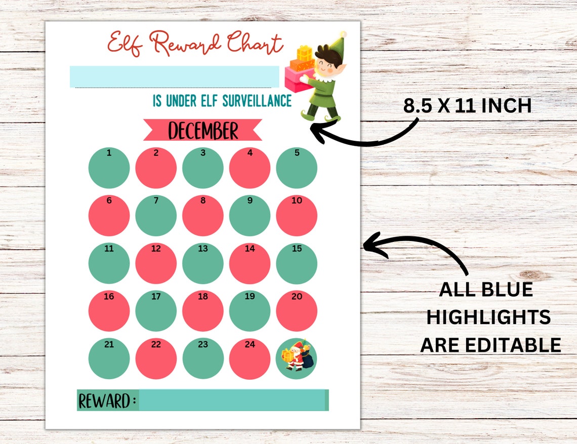 Printable Santa Elf Reward Chart, Behavior Chart for Kids ,reward ...