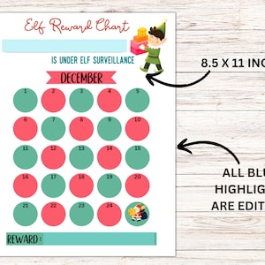 Printable Santa Elf Reward Chart, Behavior Chart for Kids ,reward ...