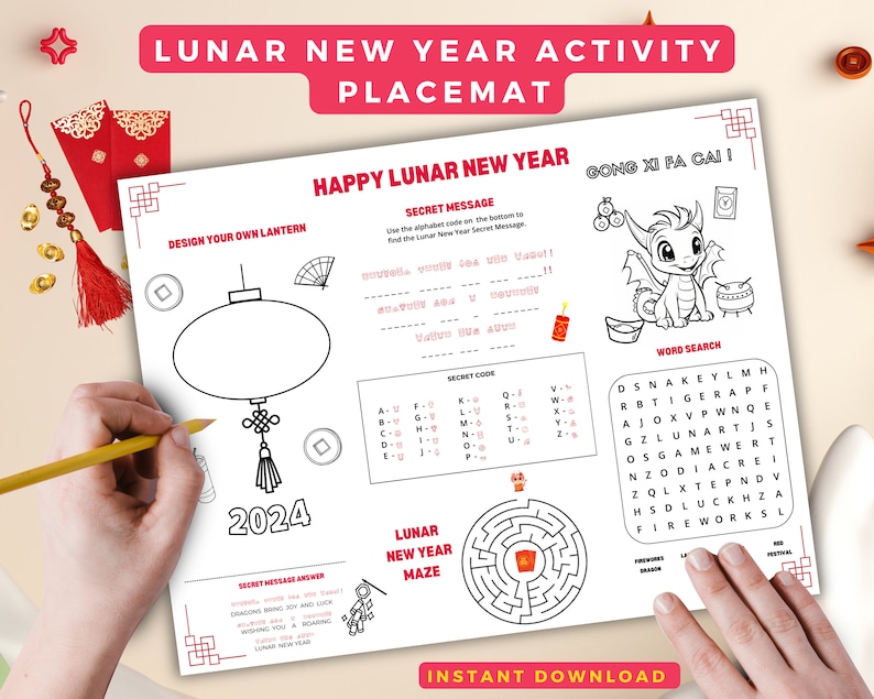 Lunar New Year Coloring Activity Placemat, Printable Placemat for Kids ...