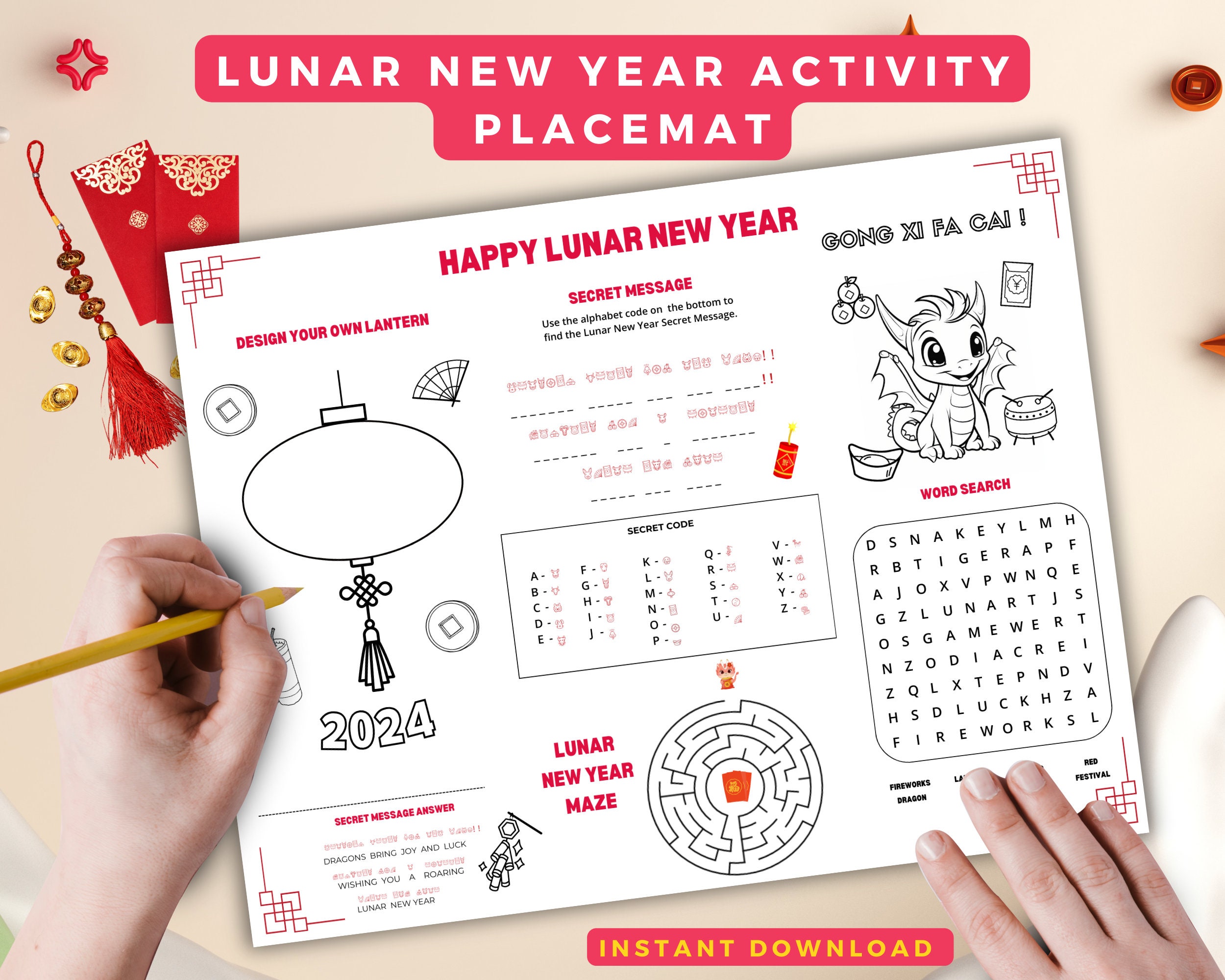 Lunar New Year Coloring Activity Placemat, Printable Placemat for Kids ...