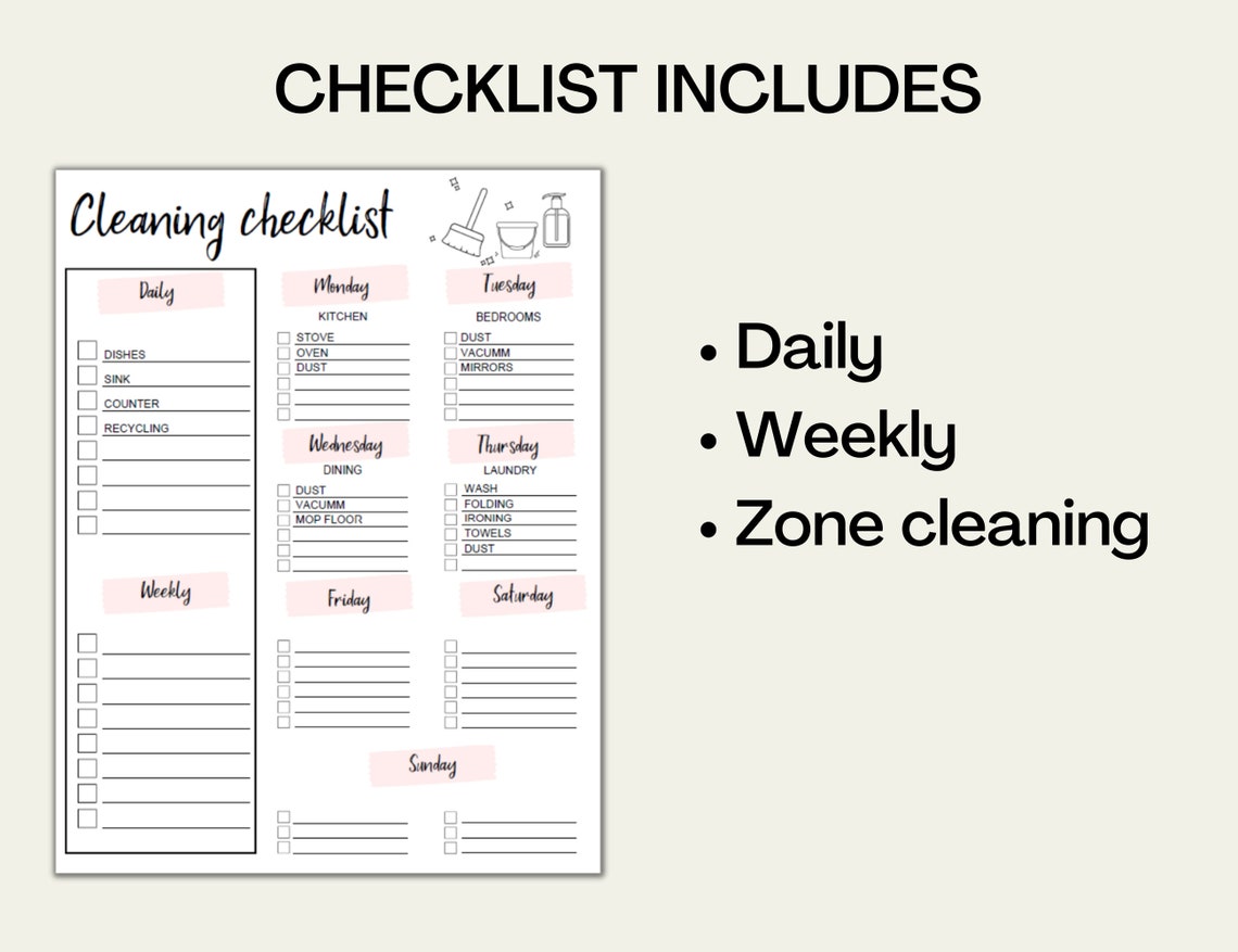 Editable Cleaning Checklist Zone Cleaning Checklist Weekly - Etsy