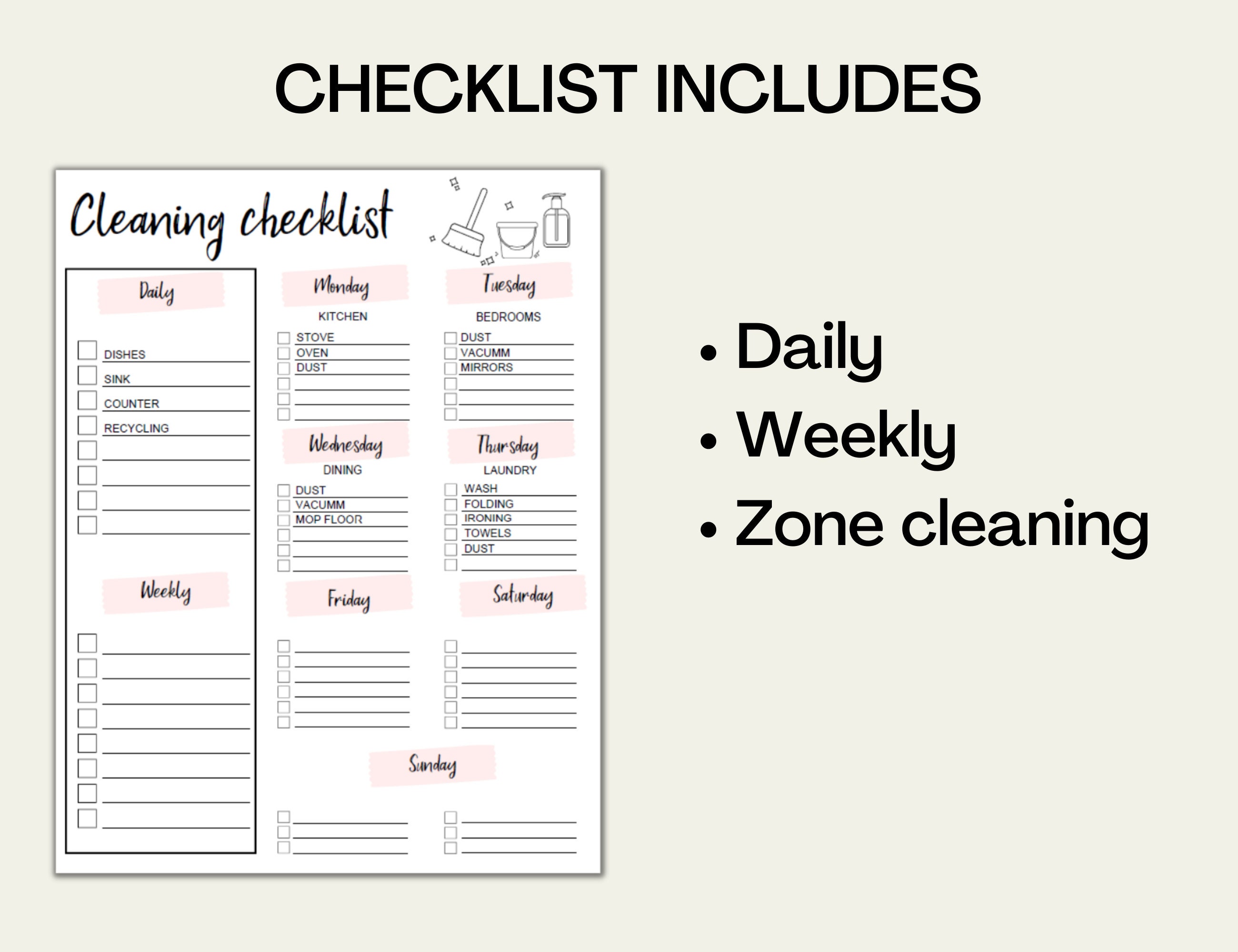 Editable Cleaning Checklist Zone Cleaning Checklist Weekly - Etsy