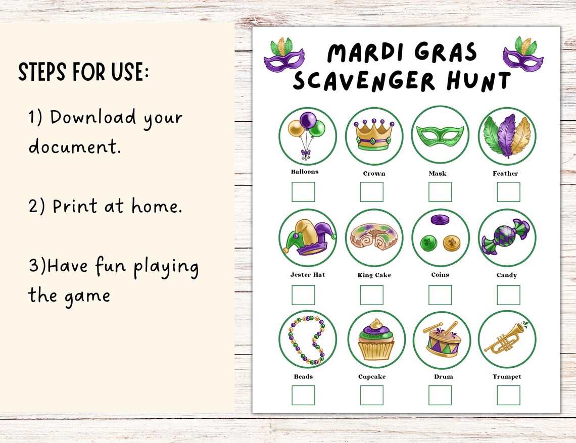 Mardi Gras Scavenger Hunt for Kids, Carnival Tuesday Treasure Hunt ...