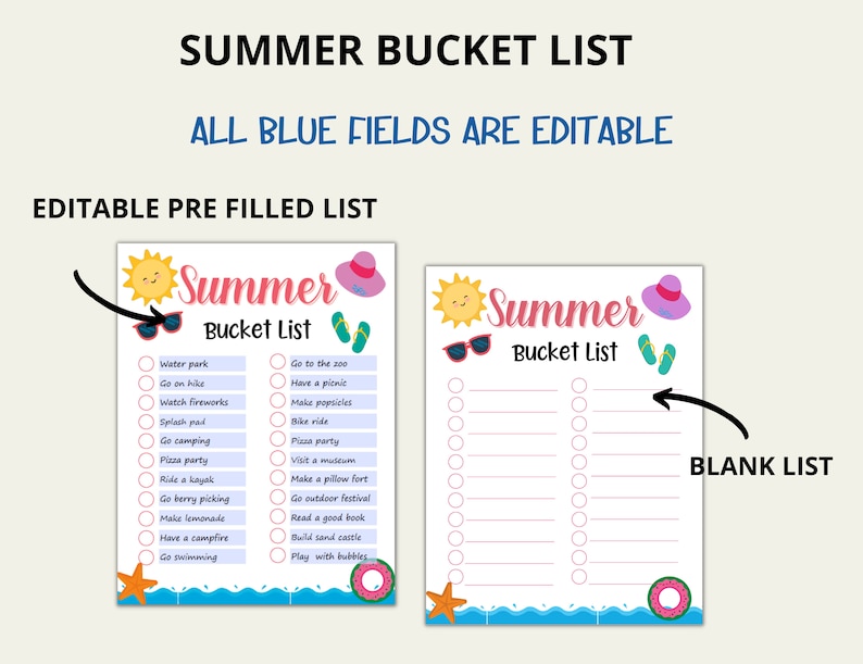 Editable Summer Bucket List Printable,summer Checklist, Fun Summer ...