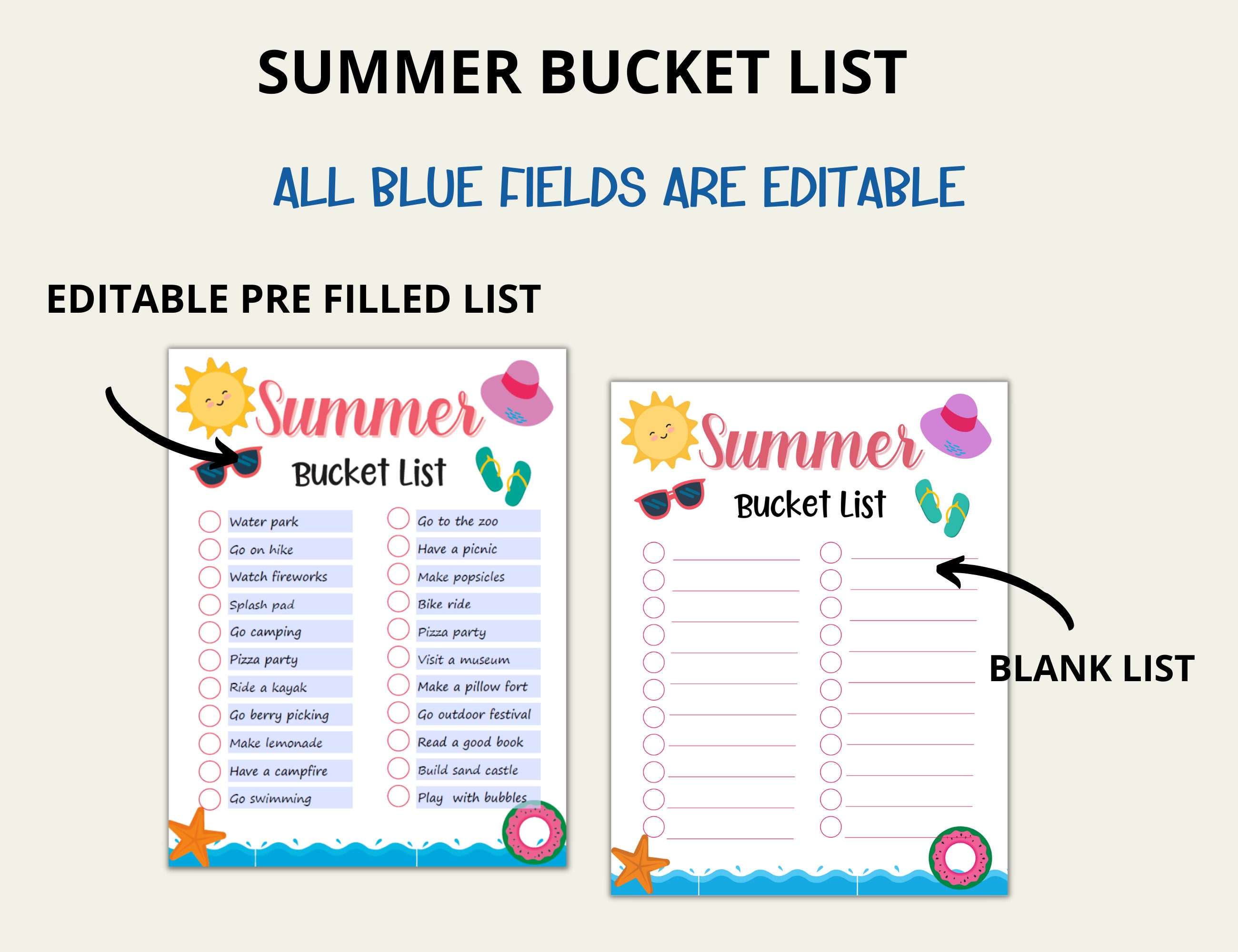 Editable Summer Bucket List Printable,summer Checklist, Fun Summer ...