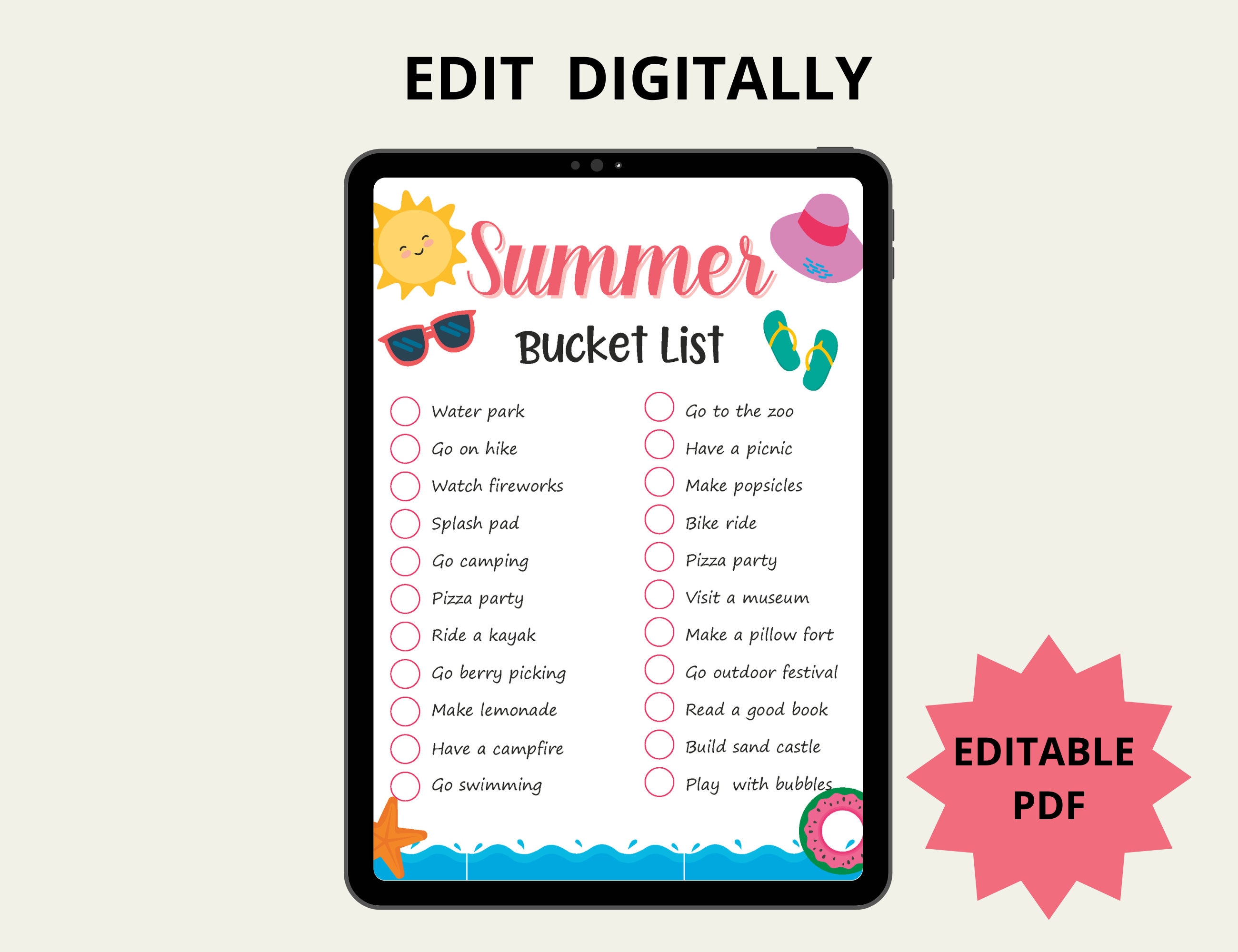 Editable Summer Bucket List Printable,summer Checklist, Fun Summer ...
