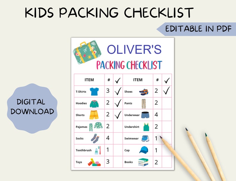 Kids Packing List Kids Checklist Vacation Travel Packing - Etsy