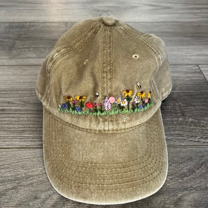 Hand-embroidered Flower Garden Hat, Distressed Flower and Bee Hat, Blue ...