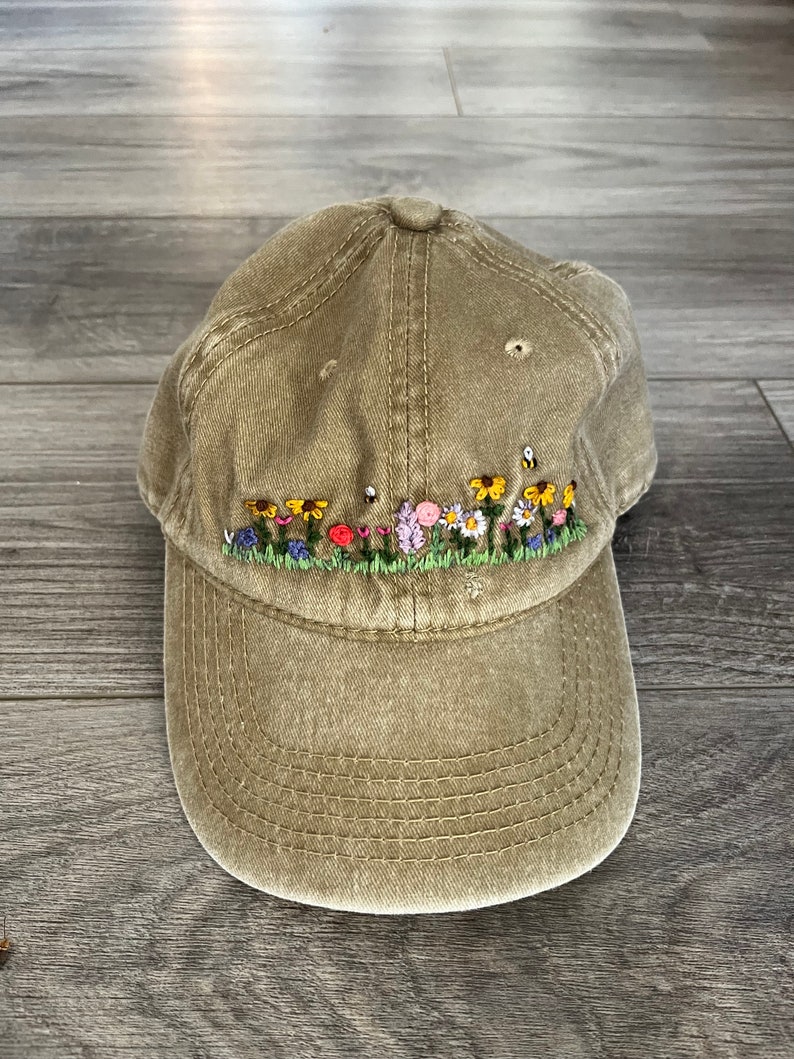 Hand-embroidered Flower Garden Hat, Distressed Flower and Bee Hat, Blue ...