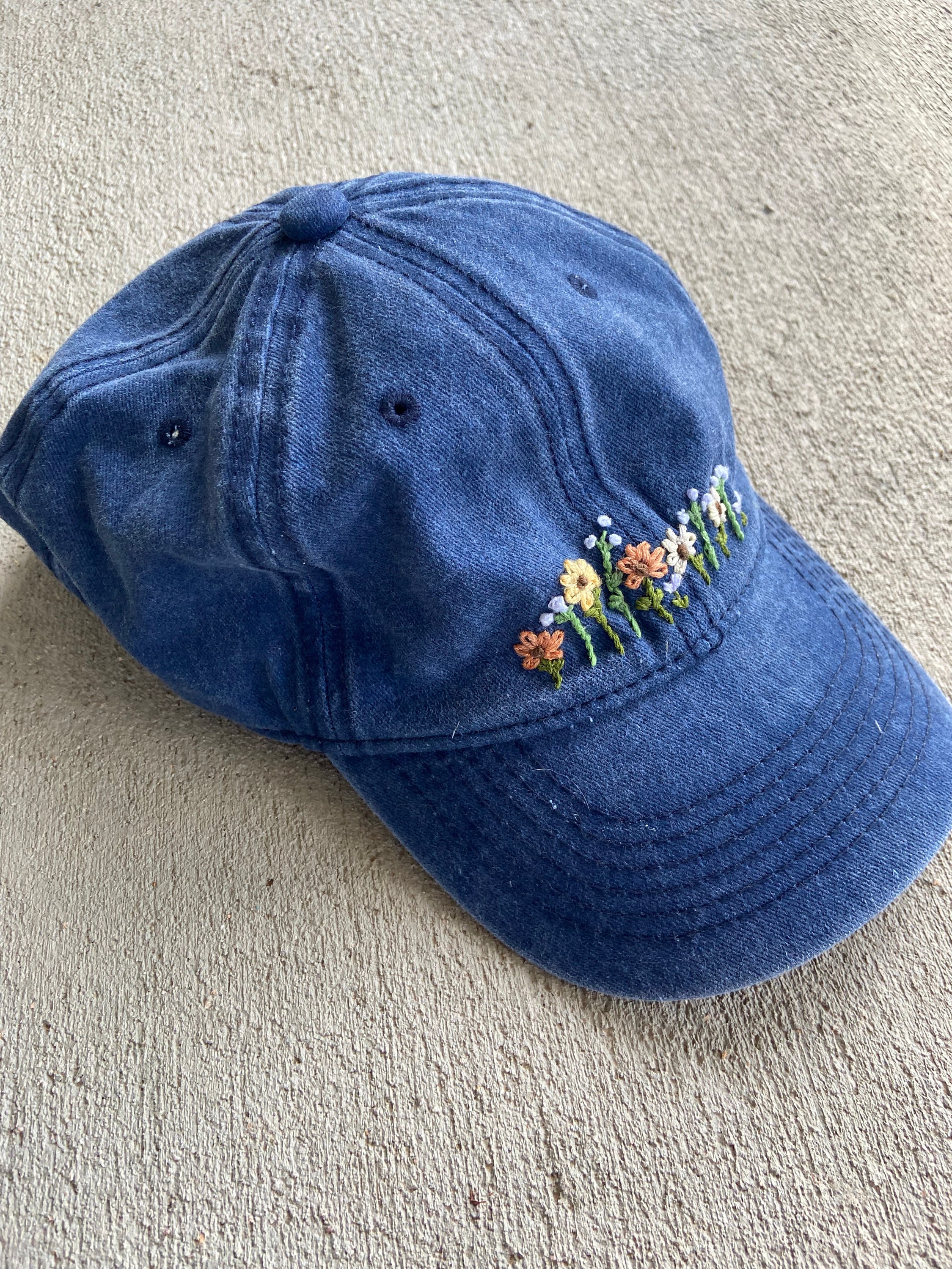 Hand-embroidered Floral Hat, Distressed Garden Hat, Blue Wildflower Hat ...