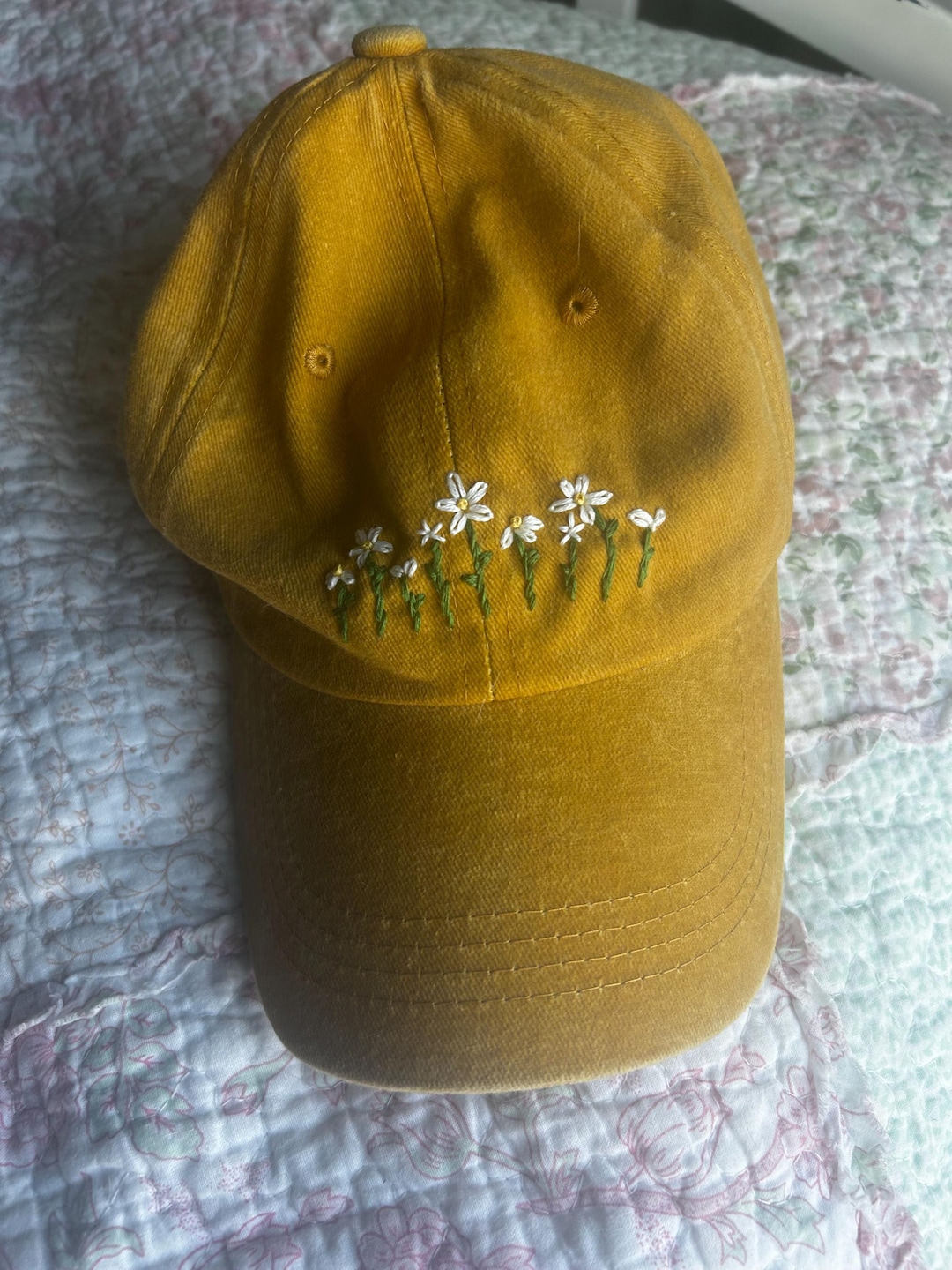 Hand-embroidered Floral Hat, Distressed Garden Hat, Yellow Wildflower ...
