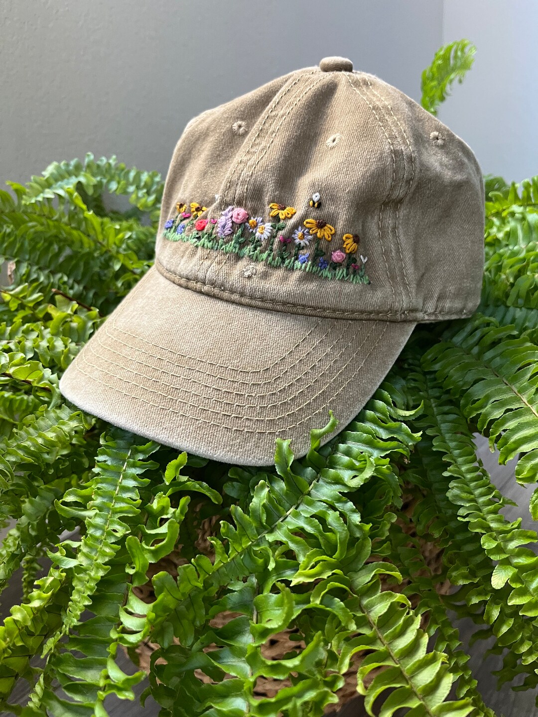 Hand-embroidered Flower Garden Hat, Distressed Flower and Bee Hat, Blue ...