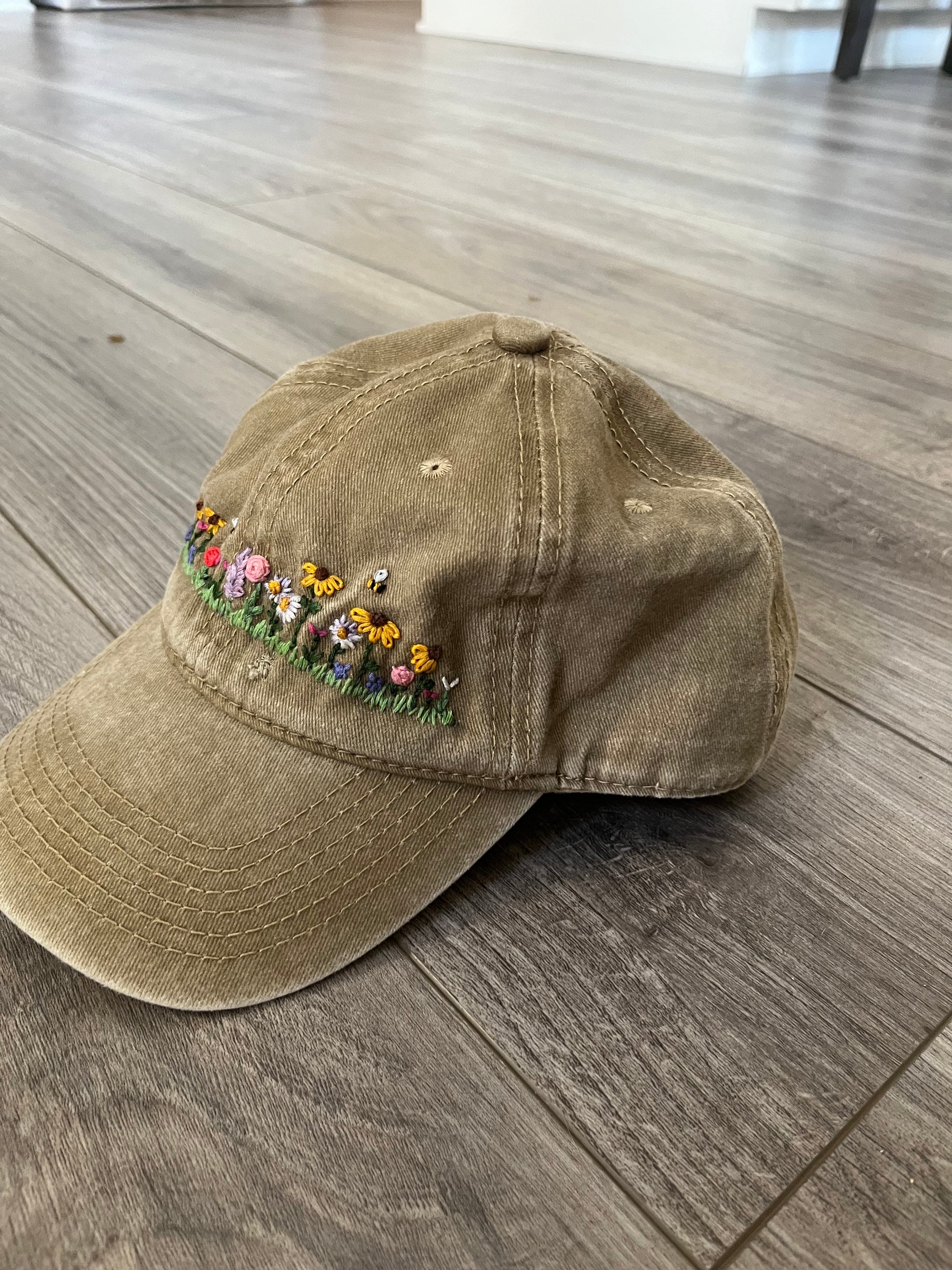 Hand-embroidered Flower Garden Hat, Distressed Flower and Bee Hat, Blue ...
