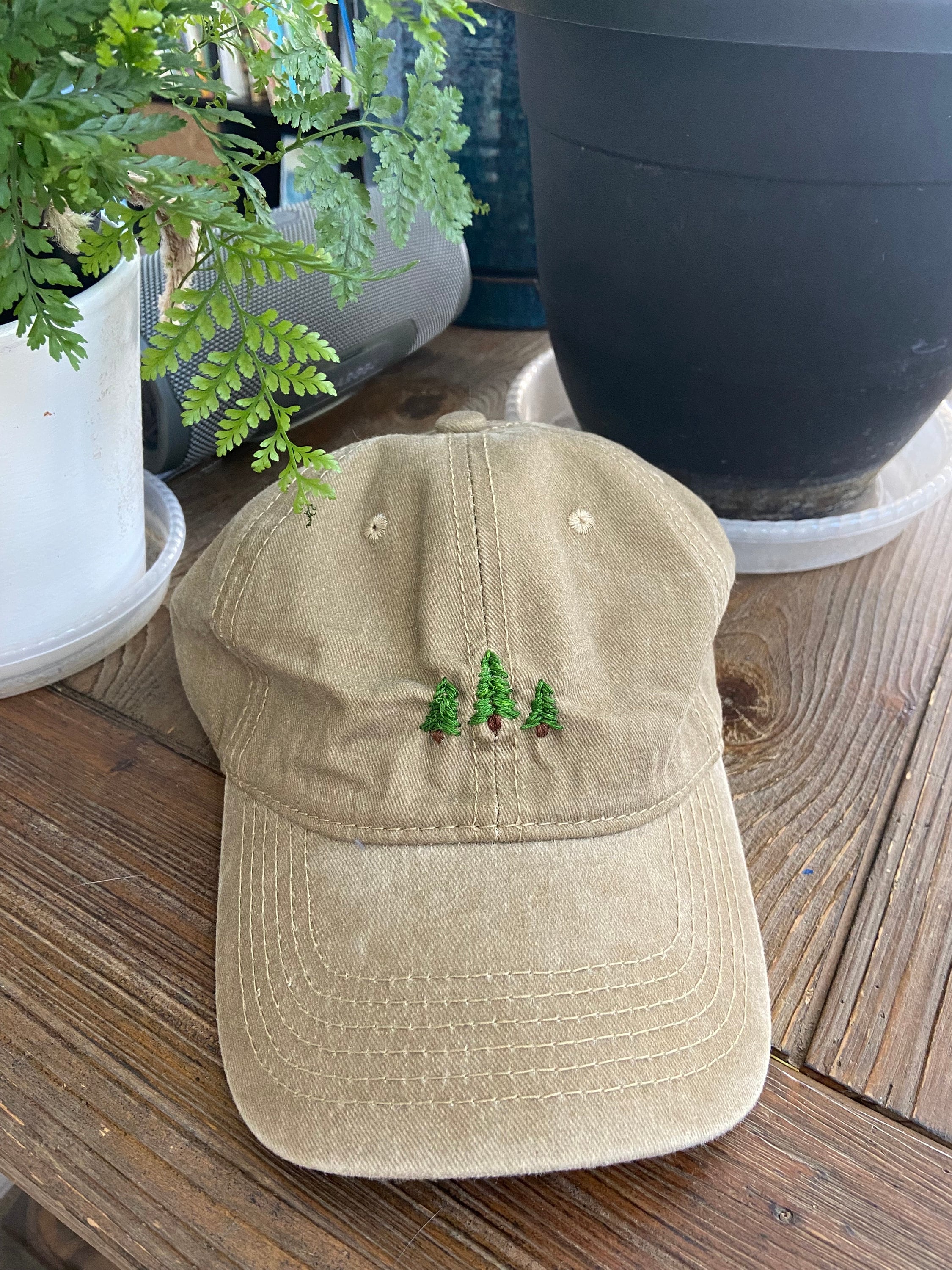 Hand-embroidered Pine Tree Hat, Distressed Garden Hat, Tan Nature Hat ...