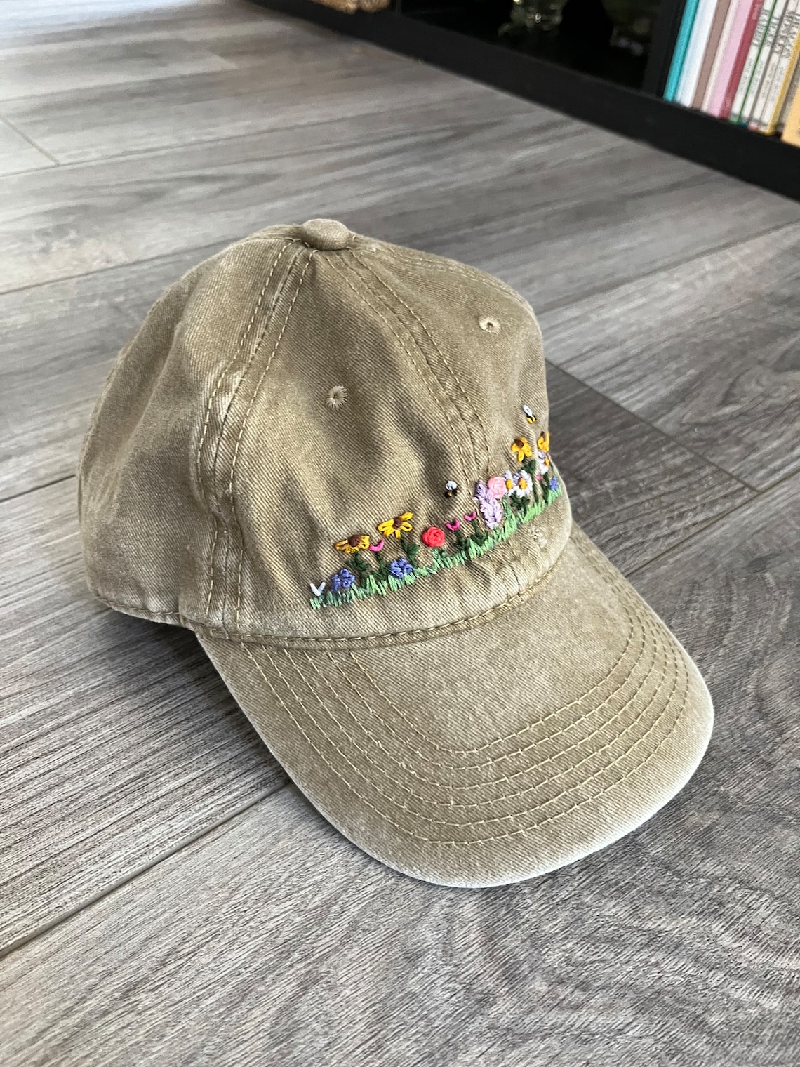 Hand-embroidered Flower Garden Hat, Distressed Flower and Bee Hat, Blue ...