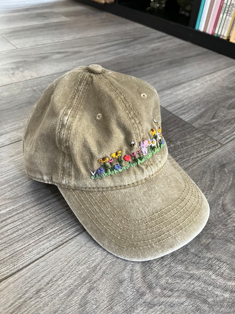 Hand-embroidered Flower Garden Hat, Distressed Flower and Bee Hat, Blue ...