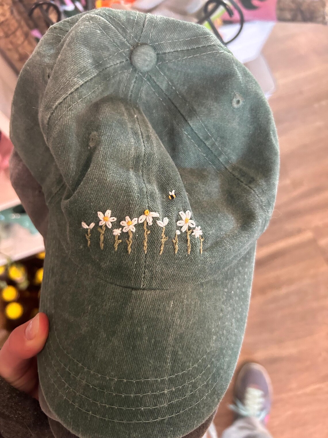 Hand-embroidered Floral Hat, Distressed Garden Hat, Daisy Honeybee Hat ...
