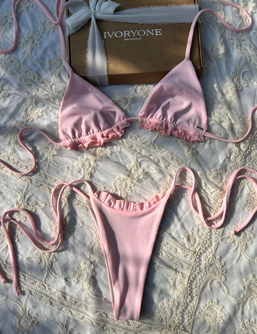 Triangle Ruffle String Bikini Set in Pink/ Seamless/ Brazilian Bottoms ...