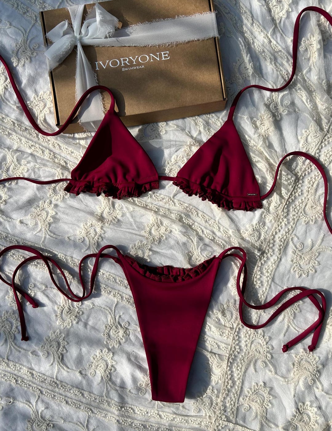 Triangle Ruffle String Bikini Set in Red Burgundy/ Seamless/ Brazilian ...