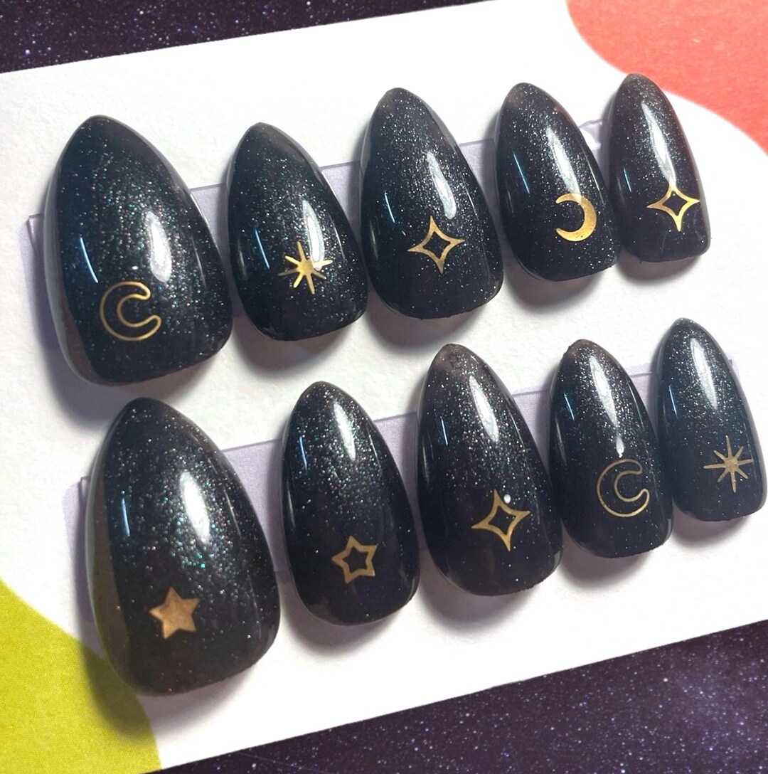 Black Glitter Witch Press-on Nails: Halloween Moon Stars Design - Etsy