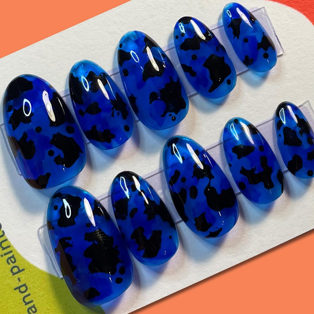 18pc Blue Trendy Tortoise Shell Press on Fake Nails - Hand Painted ...
