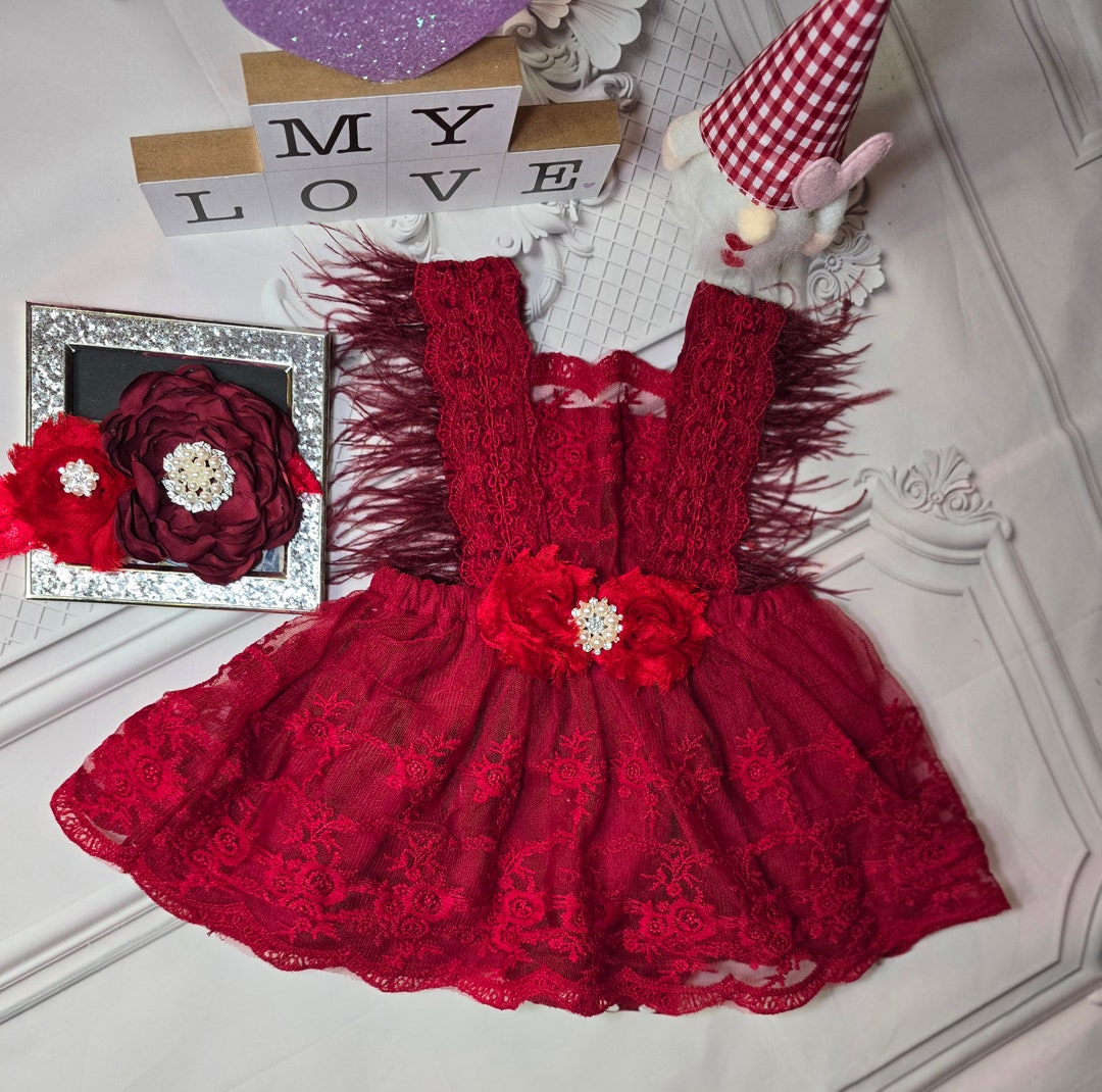 Baby Girl Valentine's Day Feather Romper: Red Lace Outfit - Etsy