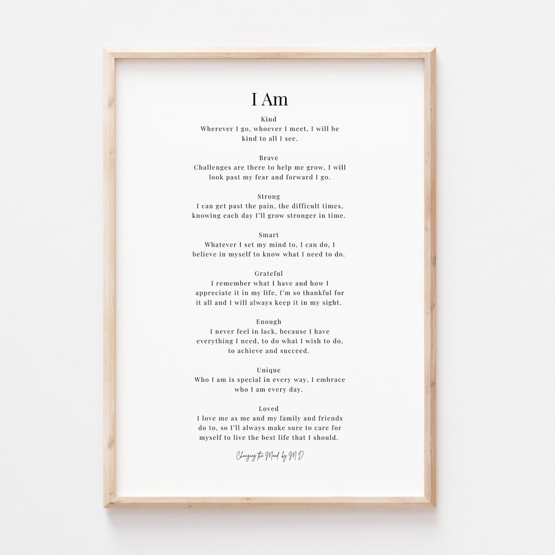 I Am - Original Poem Print (A4 and A3 Download) Self-affirmation Quotes ...
