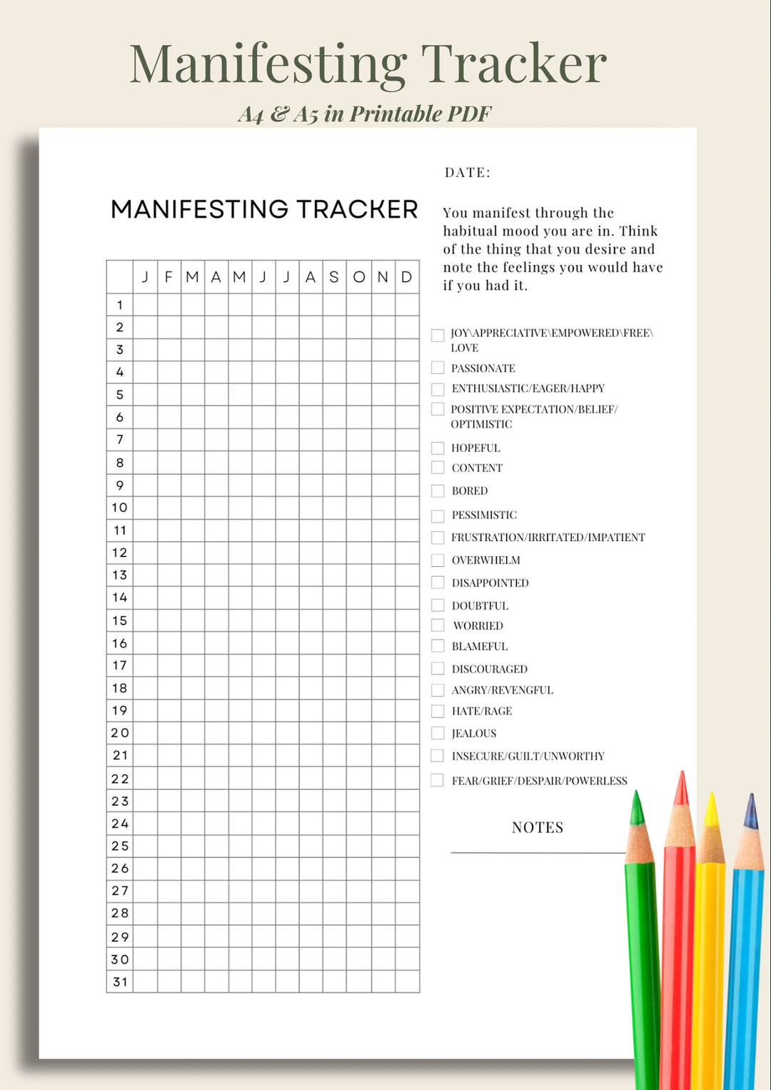 Manifesting Tracker - A4 and A5 Downloadable PDF - Etsy