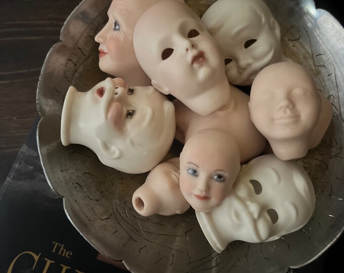 Antique Bisque Porecelain Doll Heads Curio Dollmaking Mixed Media Assemblage Etsy