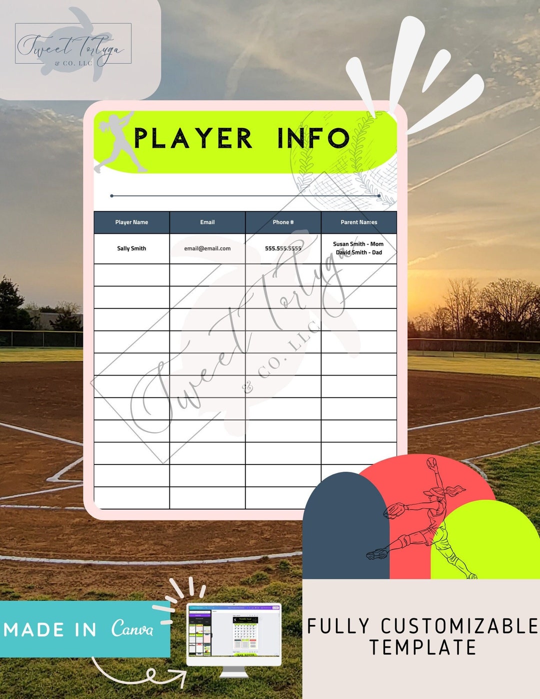 Digital / Printable Softball Team Contact Info Template - Etsy