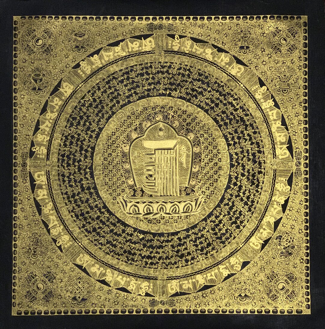 Hand Painted Black and Gold Kalachakra 10 Fold Seed Syllable Mantra ...