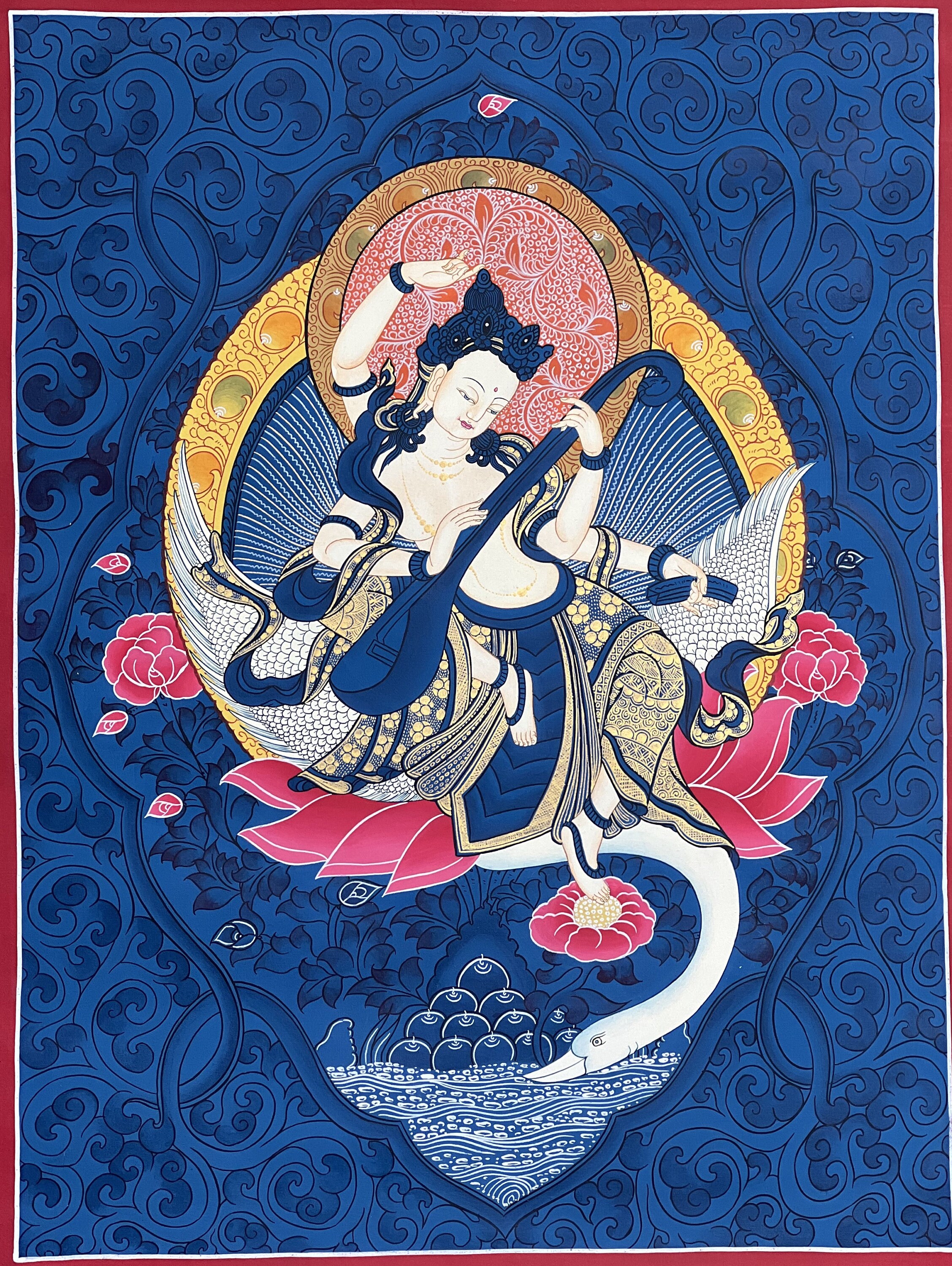 Goddess Saraswoti Mother of Wisdom Learning and Music Hindu Buddhist Thangka Painting Original ...