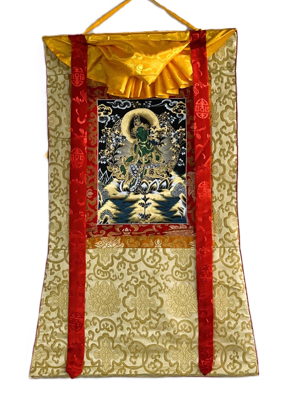Green Tara Tibetan Thangka Painting, Buddhist Art With Silk Frame - Etsy