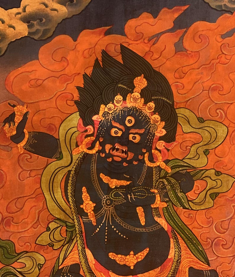 Vajrapani/ Dharmapala Protector Old Oil Varnished Tibetan Thangka ...