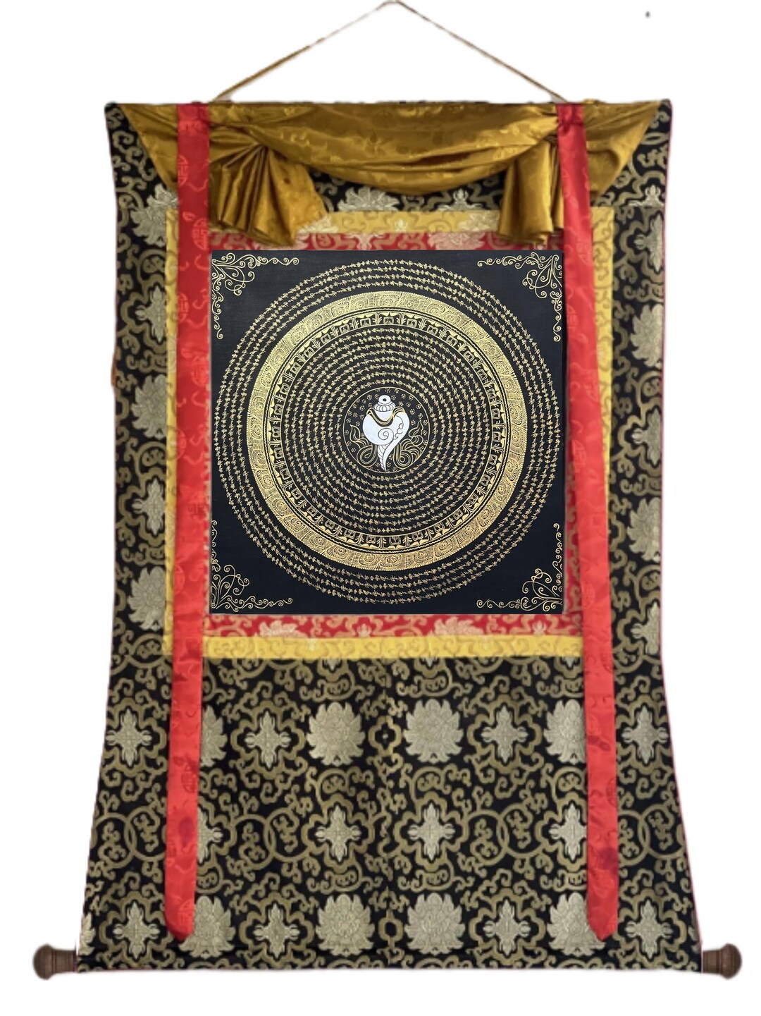 Shankha (conch Shell ) Mani Padme Hum Mandala – Black & Gold Tibetan ...