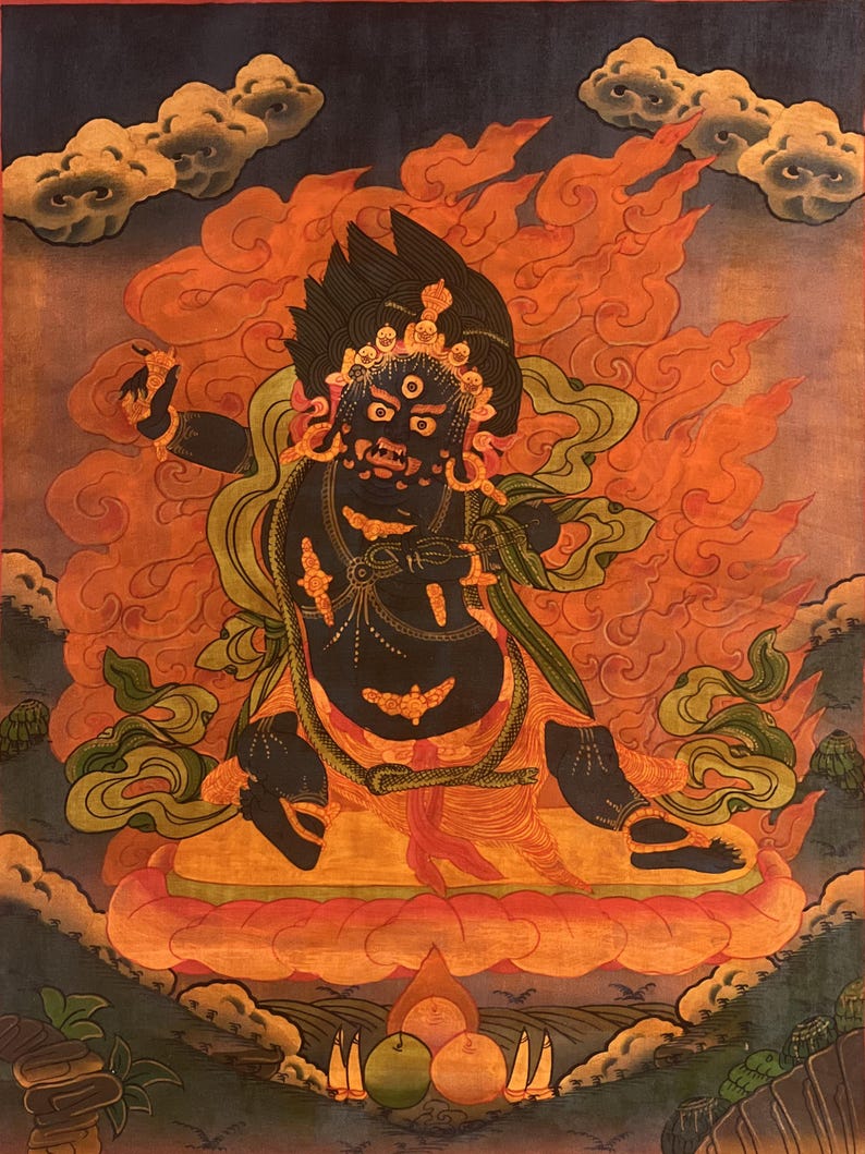Vajrapani/ Dharmapala Protector Old Oil Varnished Tibetan Thangka ...