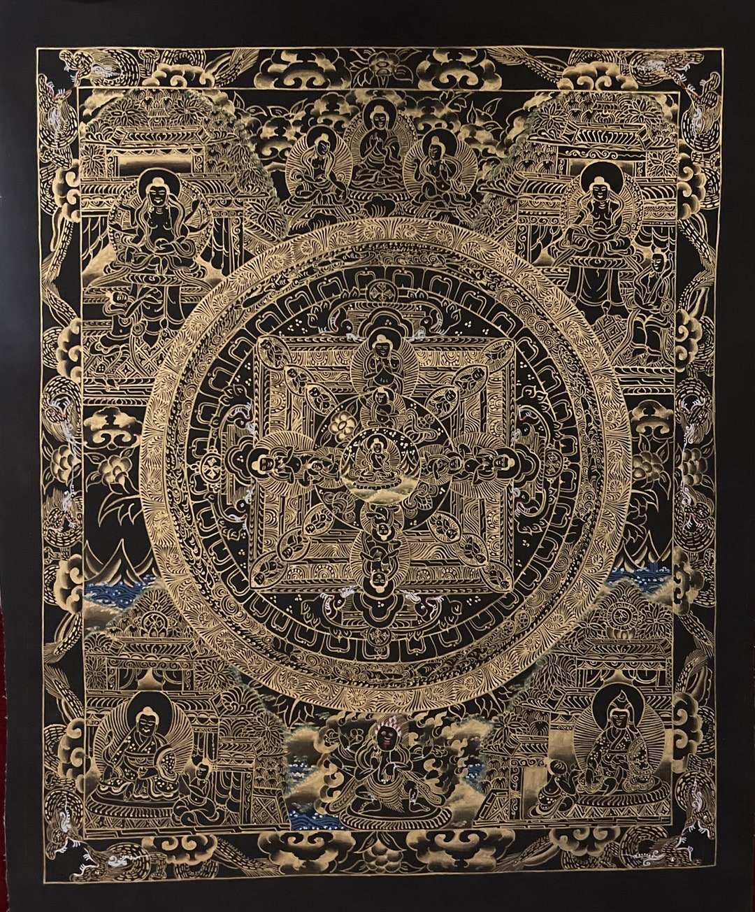 Hand Painted Buddha Life/wheel of Life Mandala Black and Gold Tibetan ...