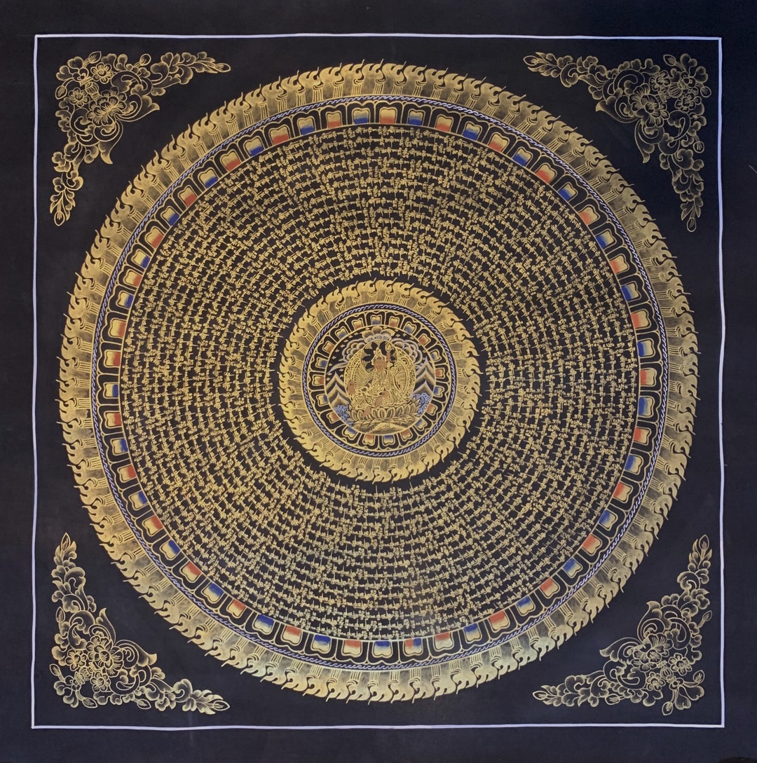 Large Black and Gold Guru Rinpoche Padmasambhava Mantra Mandala Tibetan ...