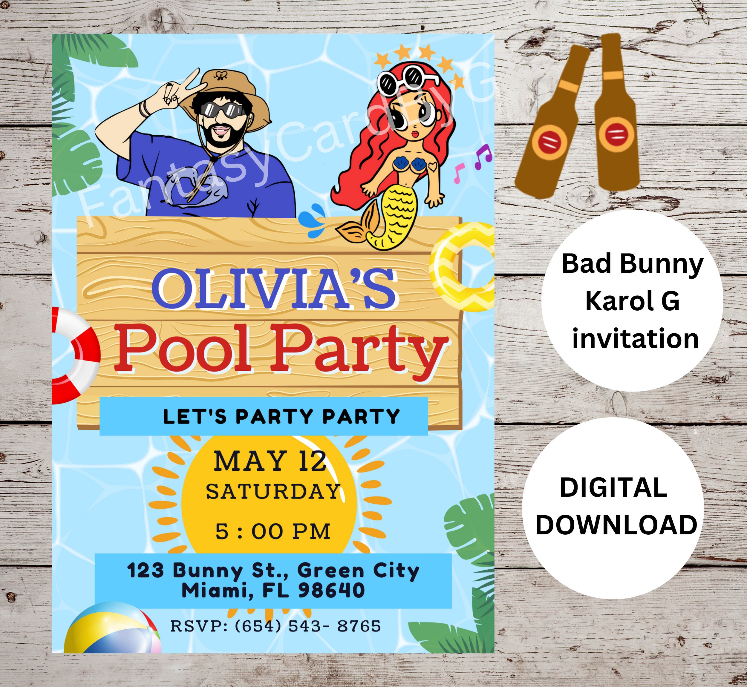 Bad Bunny Karol G Invitation, Pool Party Bad Bunny Karol G Invitation ...