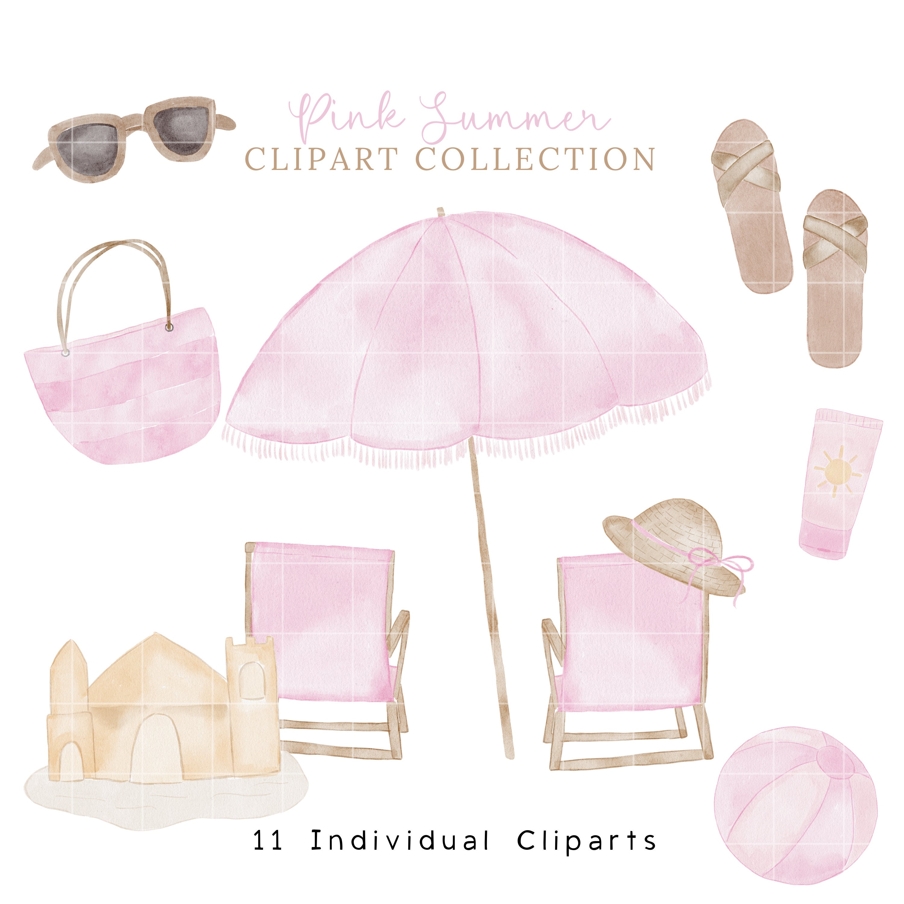 Pink Beach Watercolor Clipart Bundle, Pink Summer Clip Art, Summer Girl ...