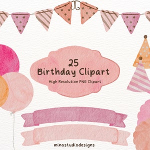 Pink Birthday Watercolor Cliparts Watercolor Bunting Banner Clipart ...