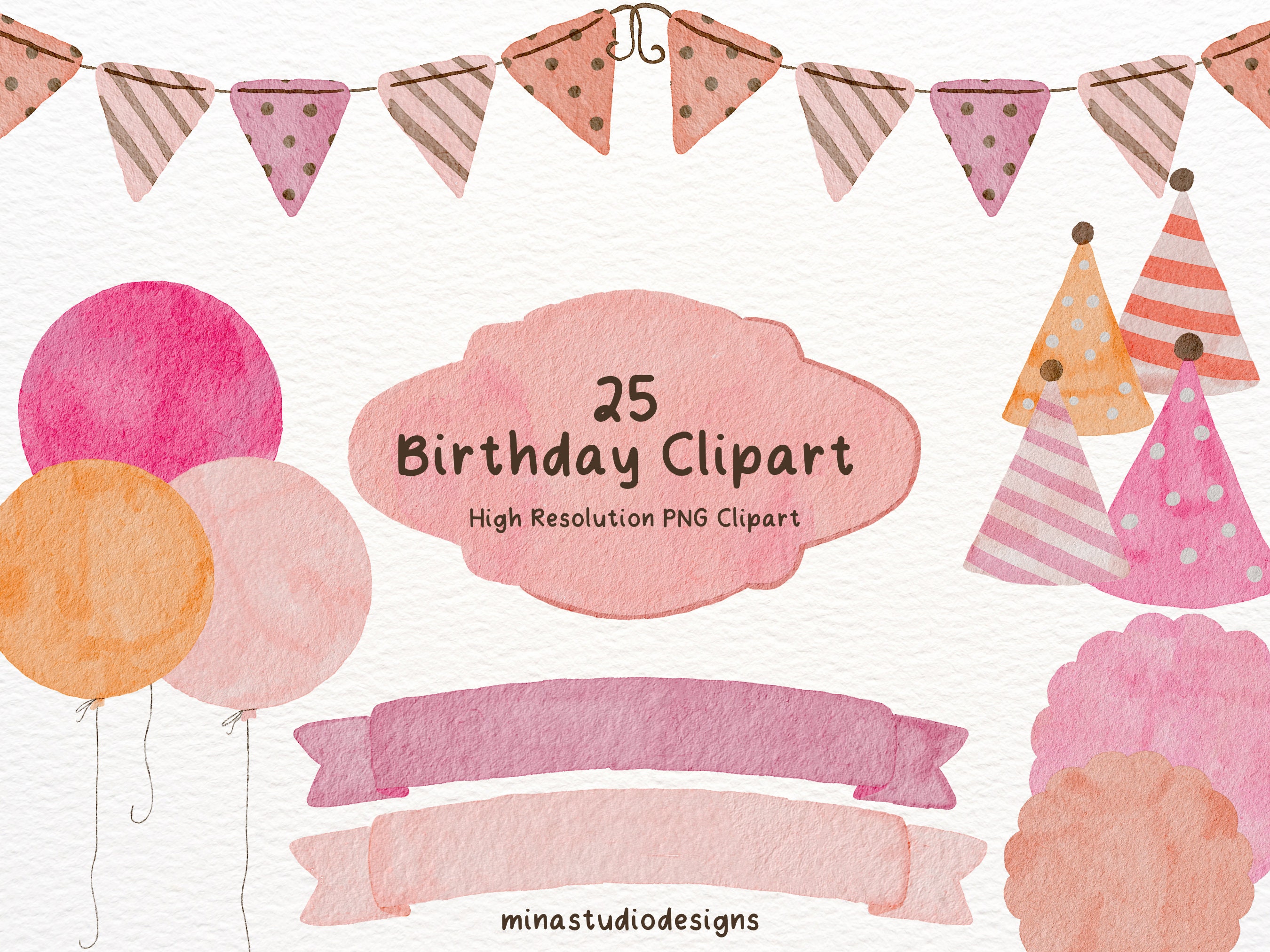Pink Birthday Watercolor Cliparts Watercolor Bunting Banner Clipart ...