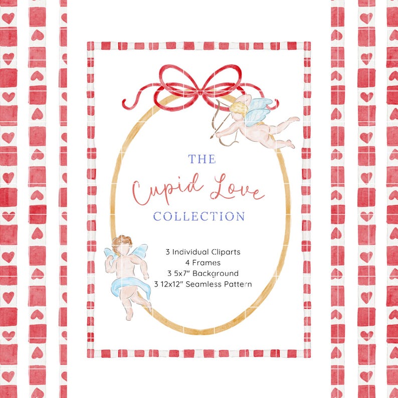 Cupid Watercolor Clipart Bundle, Valentines Day Bow Frame, Red Seamless ...