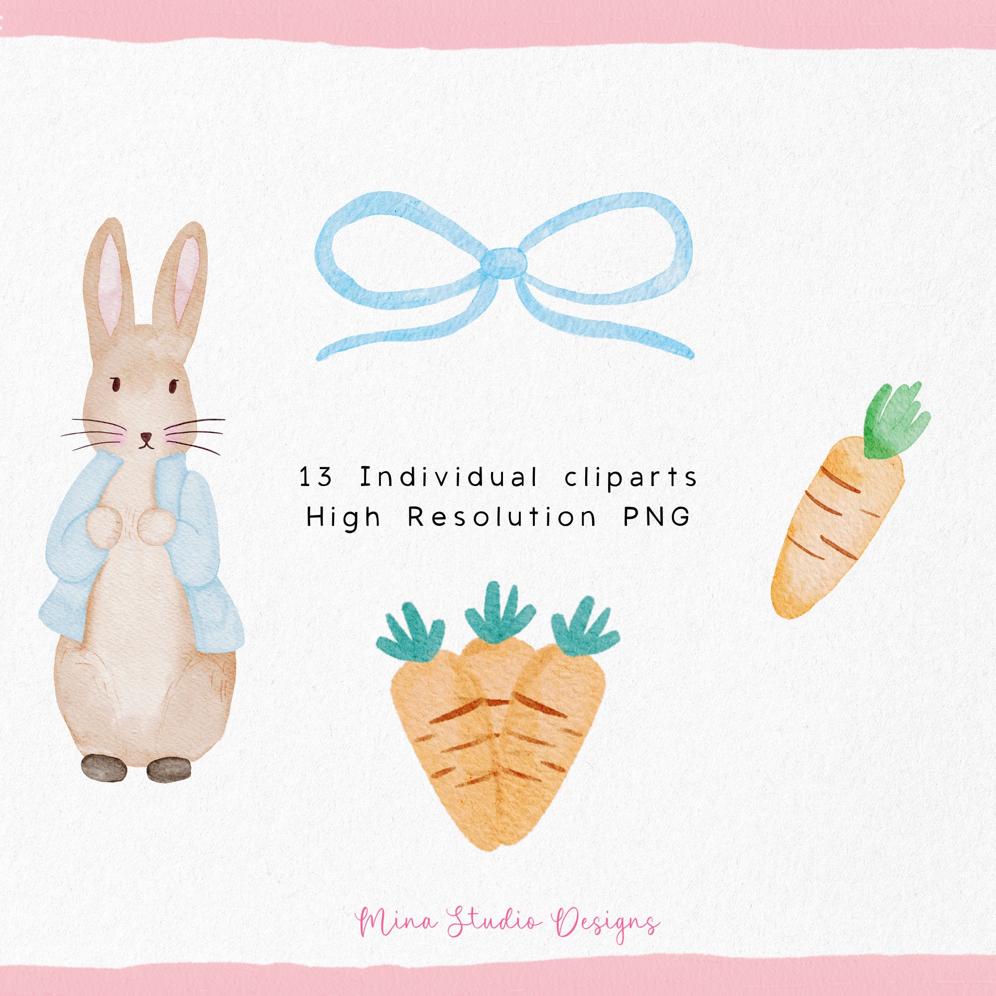 Easter Watercolor Clipart Bundle, Blue Rabbit Clip Art, Stripes ...