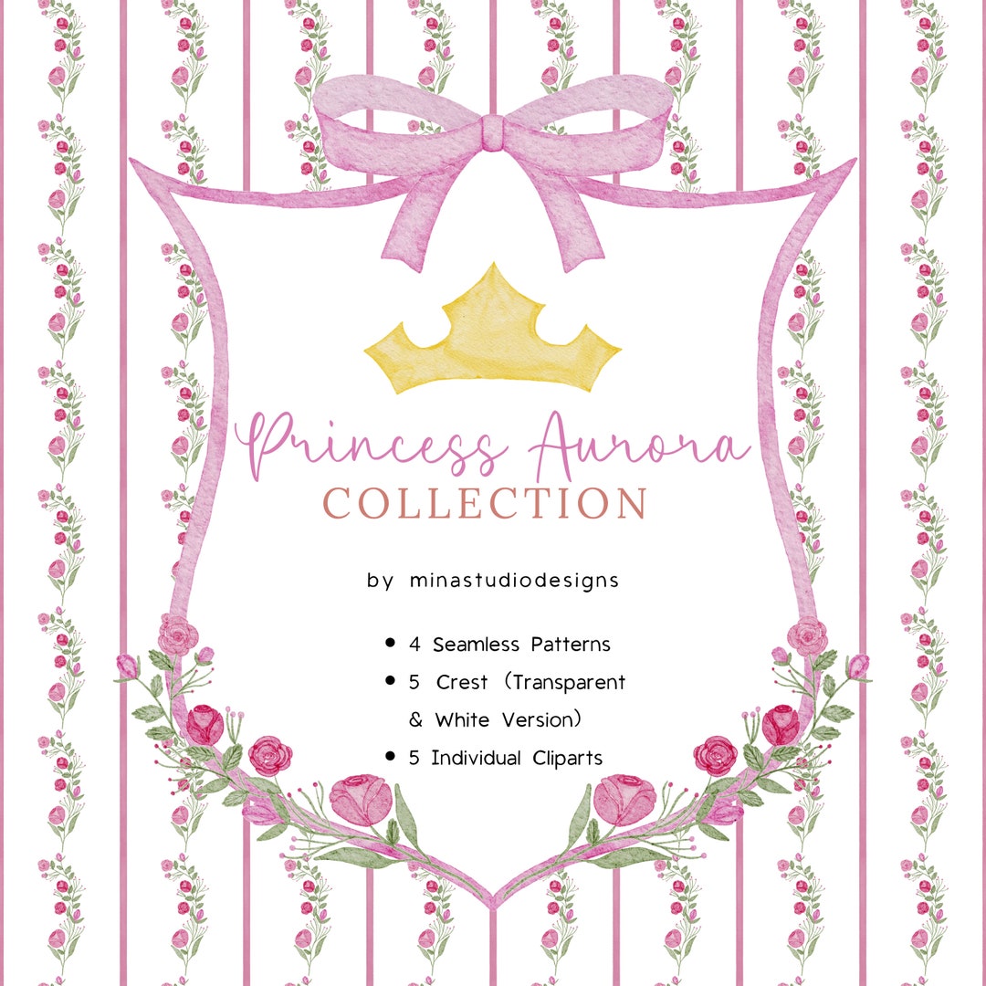 Princess Aurora Watercolor Crest, Pink Bow Floral Crest Clipart ...