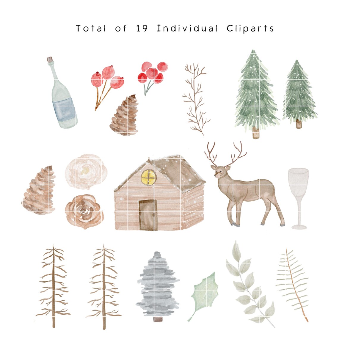 Watercolor Winter Woodland Clipart Bundle, Rustic Winter Cabin Clipart ...