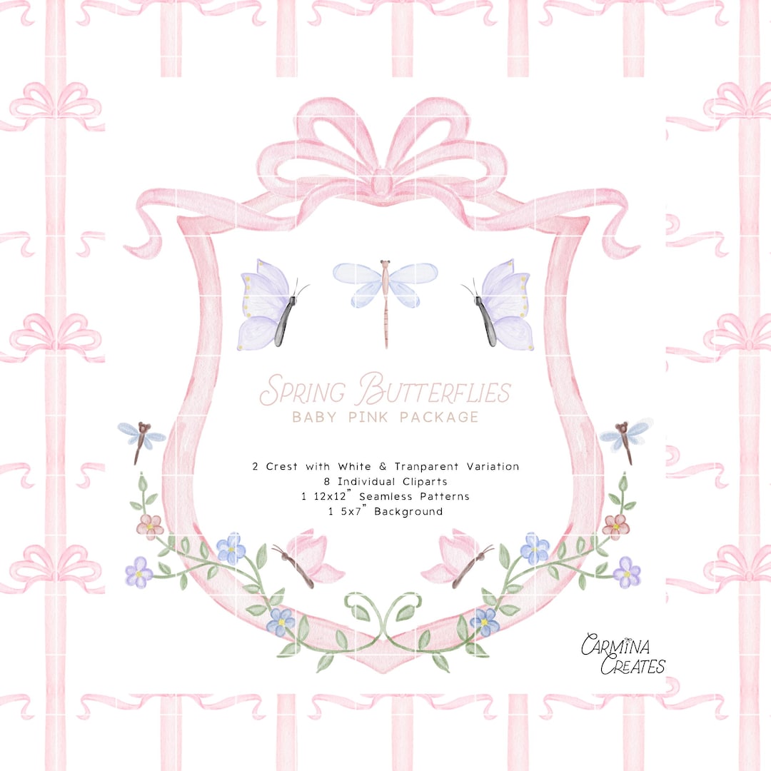 Pink Bow Watercolor Crest, Spring Baby Shower Crest, Watercolor ...