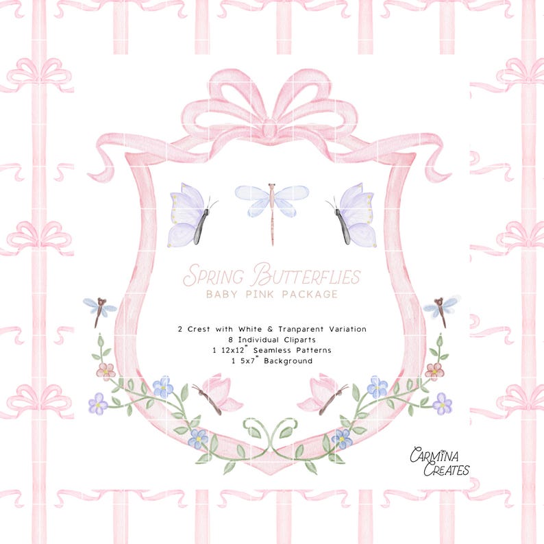 Pink Bow Watercolor Crest, Spring Baby Shower Crest, Watercolor ...
