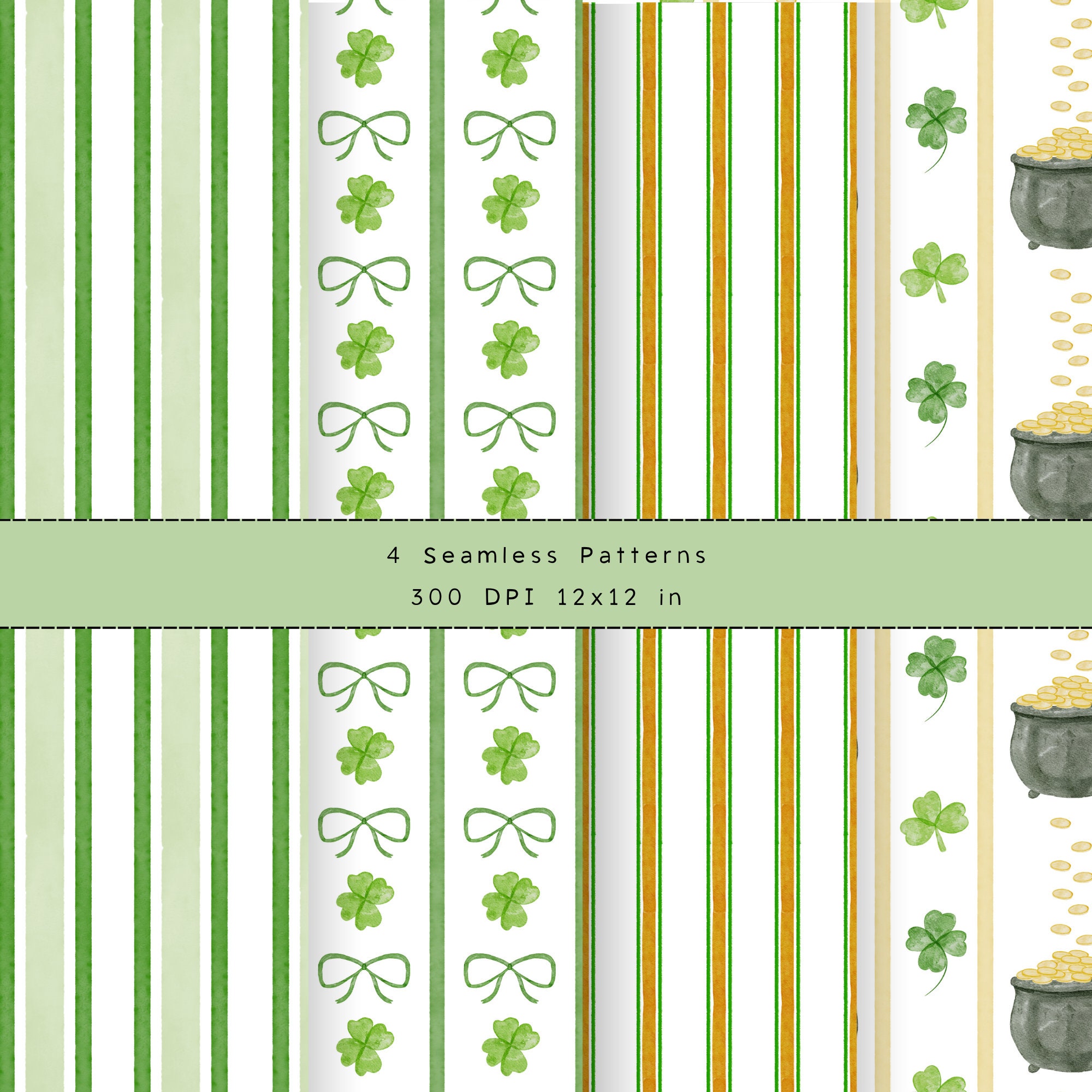 St. Patricks Day Watercolor Clipart Bundle, Green Stripes Seamless ...